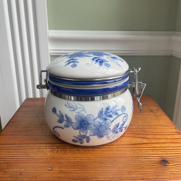 Accents | Vintage Blue White Floral Pottery Jar Latch Clamp Style Lid ...